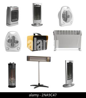 Different modern electric heaters on white background, collage Stock ...