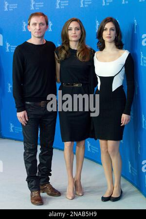 US director Angelina Jolie (C), Bosnian-Serb actor Goran Kostic and ...
