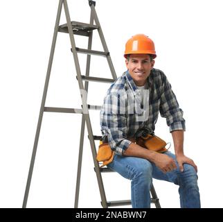 Professional builder sitting on metal ladder against white background ...