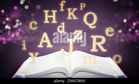 Open book with floating letters. 3D illustration Stock Photo - Alamy