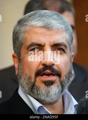 Senior Hamas leader Khaled Mashaal delivers speech during the signing ...