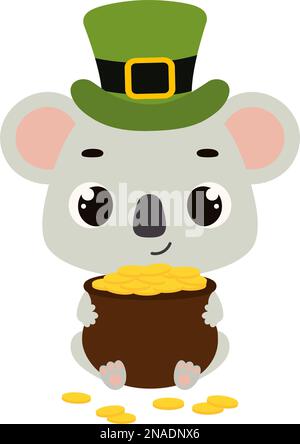 Cute koala in green leprechaun hat with clover. Irish holiday folklore ...