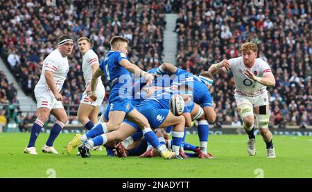 L-R Stephen Varney of Italy(Gloucester) and England's Alex Dombrandt ...