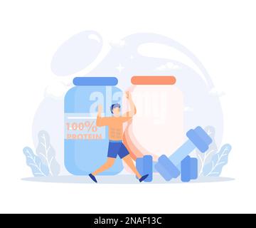 Healthy diet illustration. Characters drinking protein and fresh ...