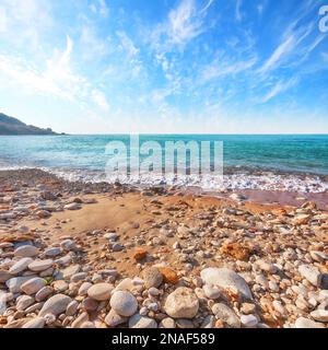Fabulous view azure sea glowing by sunlight. Dramatic morning scene ...
