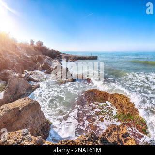 Breathtaking view azure sea glowing by sunlight. Dramatic morning scene ...