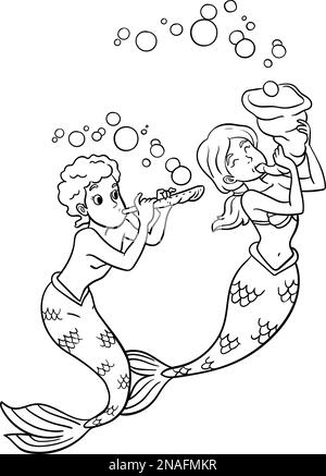 Mermaid Playing Flute Coloring Page Illustration Stock Vector Image ...