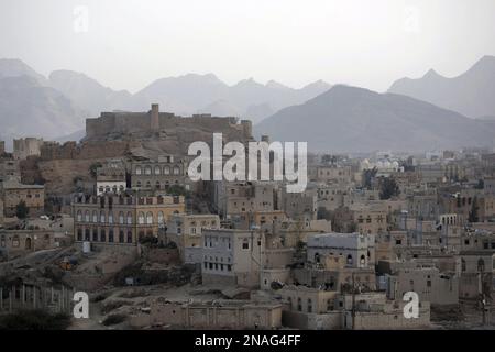 view of central sanaa city old town skyline traditional buildings in ...