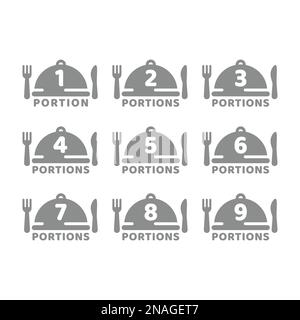 Meal portion size with dish cover vector icon set. One, two food ...