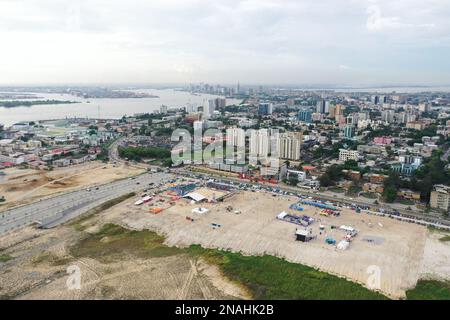 An aerial view of Lagos city waterside roads and buildings in Nigeria ...