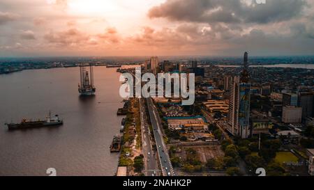 An aerial view of Lagos city waterside roads and buildings in Nigeria ...