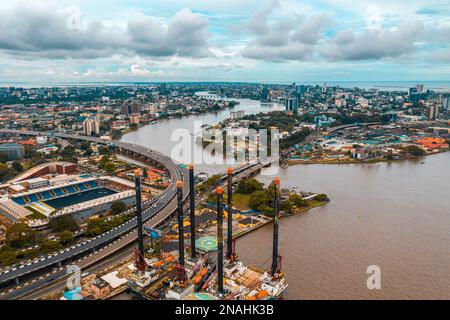 An aerial view of Lagos city waterside roads and buildings in Nigeria ...