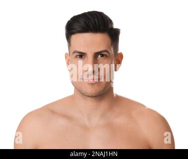 Handsome man with stubble before shaving on white background Stock ...