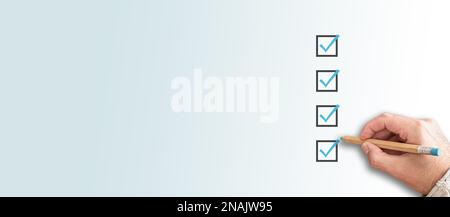 person ticking checkboxes with blue pen on checklist or to-do-list with ...