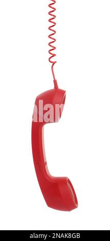 Red corded telephone handset hanging on white background. Hotline ...