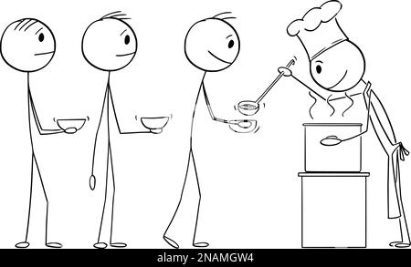Poor People Waiting in Line For Food Donation, Vector Cartoon Stick ...