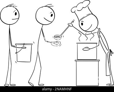 Poor People Waiting in Line For Food Donation, Vector Cartoon Stick ...