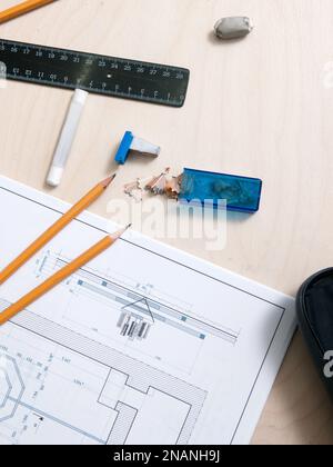 Drawing scheme and tools on desktop Stock Photo - Alamy