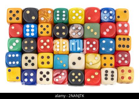 Top view of colourful dices in white background Stock Photo - Alamy