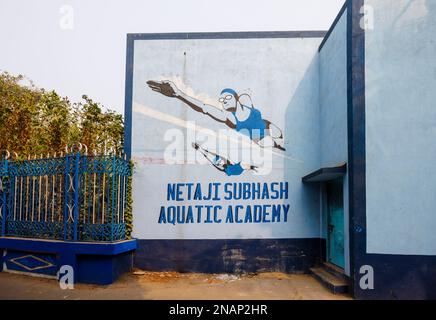 Painted name sign of Netaji Subhash Aquatic Academy swimming baths in ...