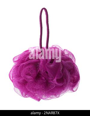 New purple shower puff isolated on white. Personal hygiene Stock Photo ...
