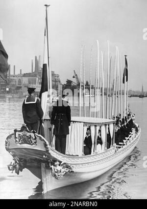 Queen Wilhelmina in the royal barge Sloep reviewed Dutch naval vessels ...