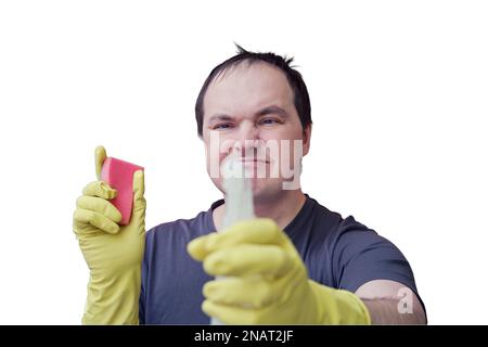 Angry man janitor in yellow gloves, studio isolated on a white ...