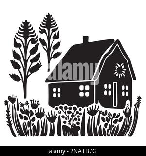 Cute rustic cottage motif in vintage style frame. Vector illustration ...