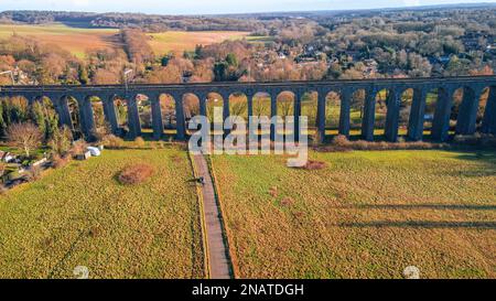An aerial view of Digswell Viaduct bridge on a sunny autumn day in ...