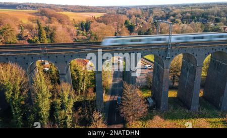 An aerial view of Digswell Viaduct bridge on a sunny autumn day in ...