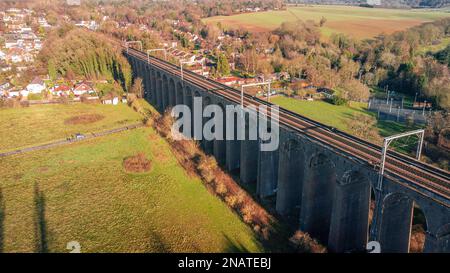 An aerial view of Digswell Viaduct bridge on a sunny autumn day in ...
