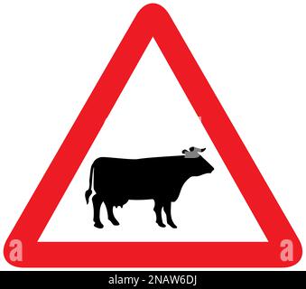 Warning sign with cattle on road symbol Stock Photo - Alamy