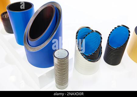 Samples of plastic pipes for water and oil pipelines on exhibition ...