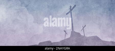 A silhouette of three empty crosses at Calvary, with clouds in ...