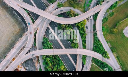 An aerial view of overlapping highways and roads in downtown Baltimore ...