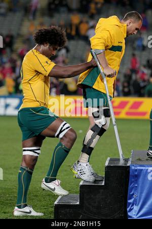 Australia's Quade Cooper, left, and teammate James O'Connor react after ...