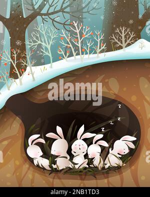 Rabbit burrow. Cute rabbits family in underground hole labyrinth, baby bunny kids under ground ...