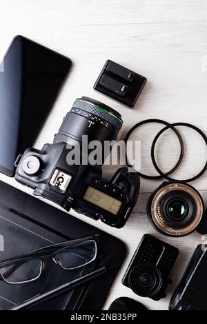 Digital photo workstation over white background.Top view of digital ...