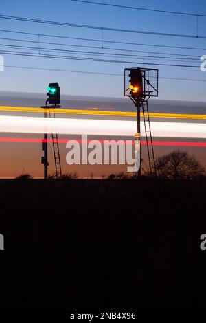 4 and 3 aspect colour light railway signals at Newton On Ouse, North of ...