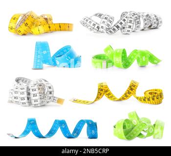 Collage of color measuring tapes on white background Stock Photo - Alamy