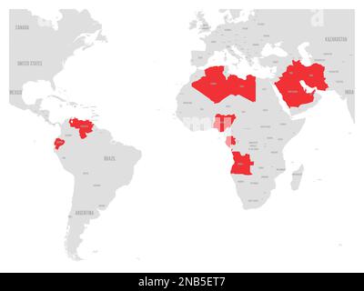 OPEC, Organization of the Petroleum Exporting Countries. World map with ...