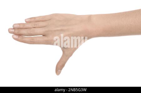 Woman showing pale hand on white background, closeup. Anemia symptom ...