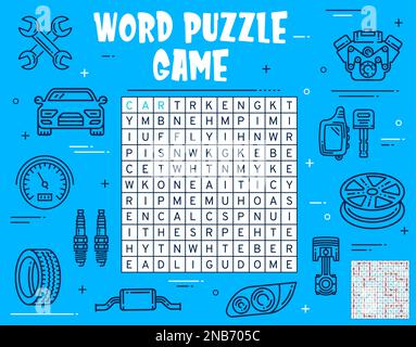 Car service and spare parts crossword grid worksheet, vector find word ...