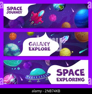 Space travel and explore banners. Starry galaxy, planets and stars ...