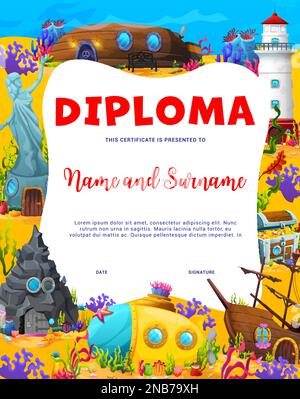 Kids diploma, cartoon sea underwater landscape with submarine, octopus ...