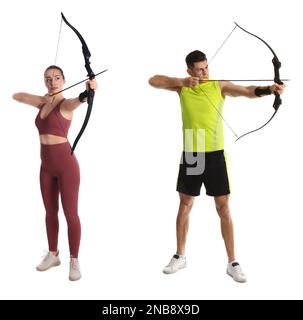 Young woman practice archery with male instructor closely supervising. Young female archer ...