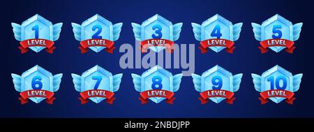 Game ice badges with level number. Achievement rank emblems, frozen ...