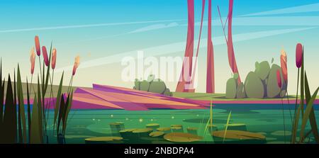 Green swamp and cattail near lake vector background. Pond in bush with ...