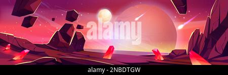 Meteor shower on alien planet with red desert and rocks. Vector cartoon ...