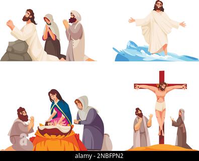 Bible scenes cartoon set with Jesus and Virgin Mary isolated vector ...